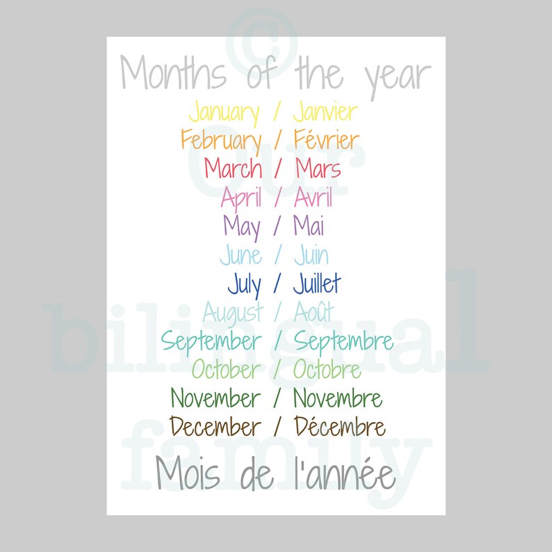 English French Bilingual months of the Year Poster ,nursery Art ...
