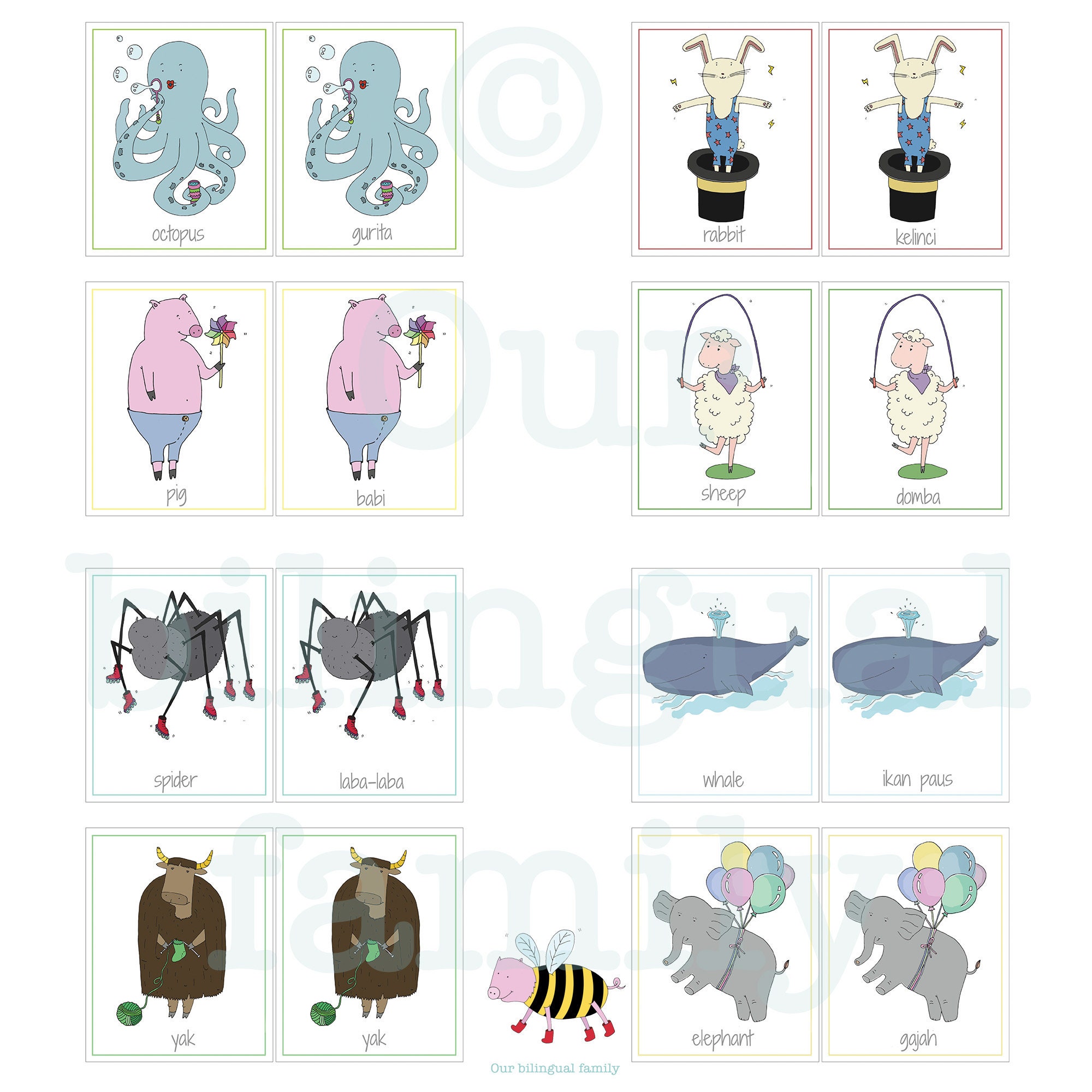 English Indonesian Bilingual Animal Flash Cards Printable | Etsy