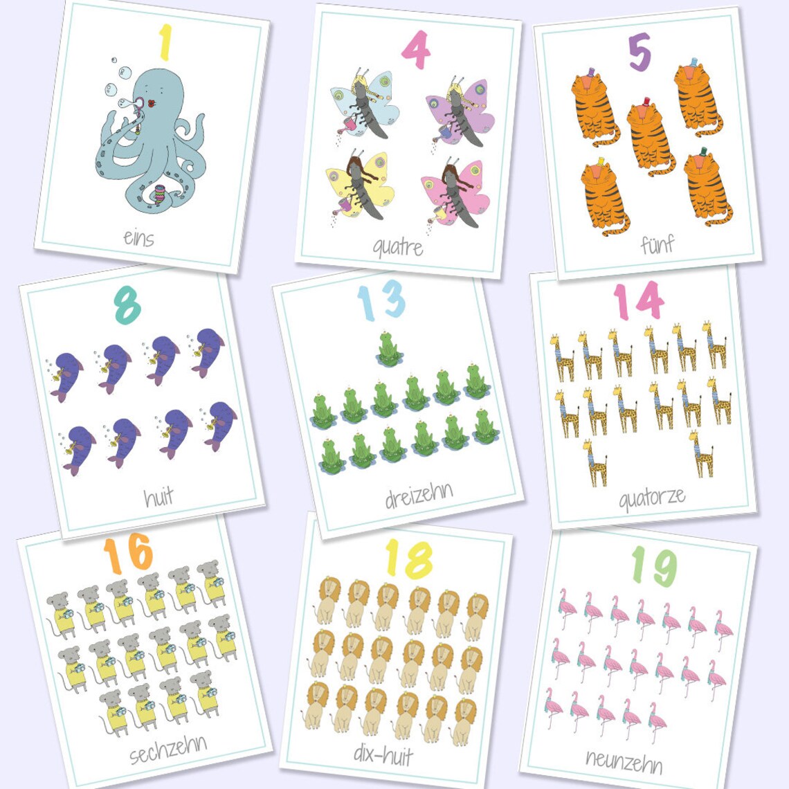 German French Bilingual Numbers Flash Cards 1-20 , Printable Games ...