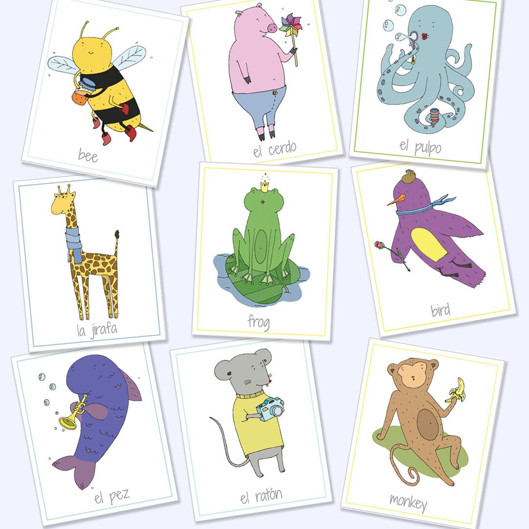 English Spanish Animal Flash Cards, Bilingual Learning Game (digital ...