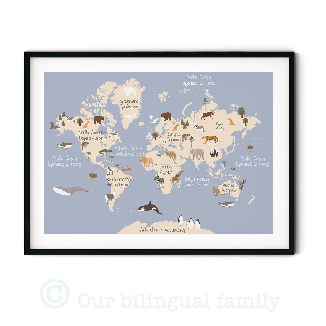 English Greek Animal World Map, Bilingual Kids Poster (digital Download ...