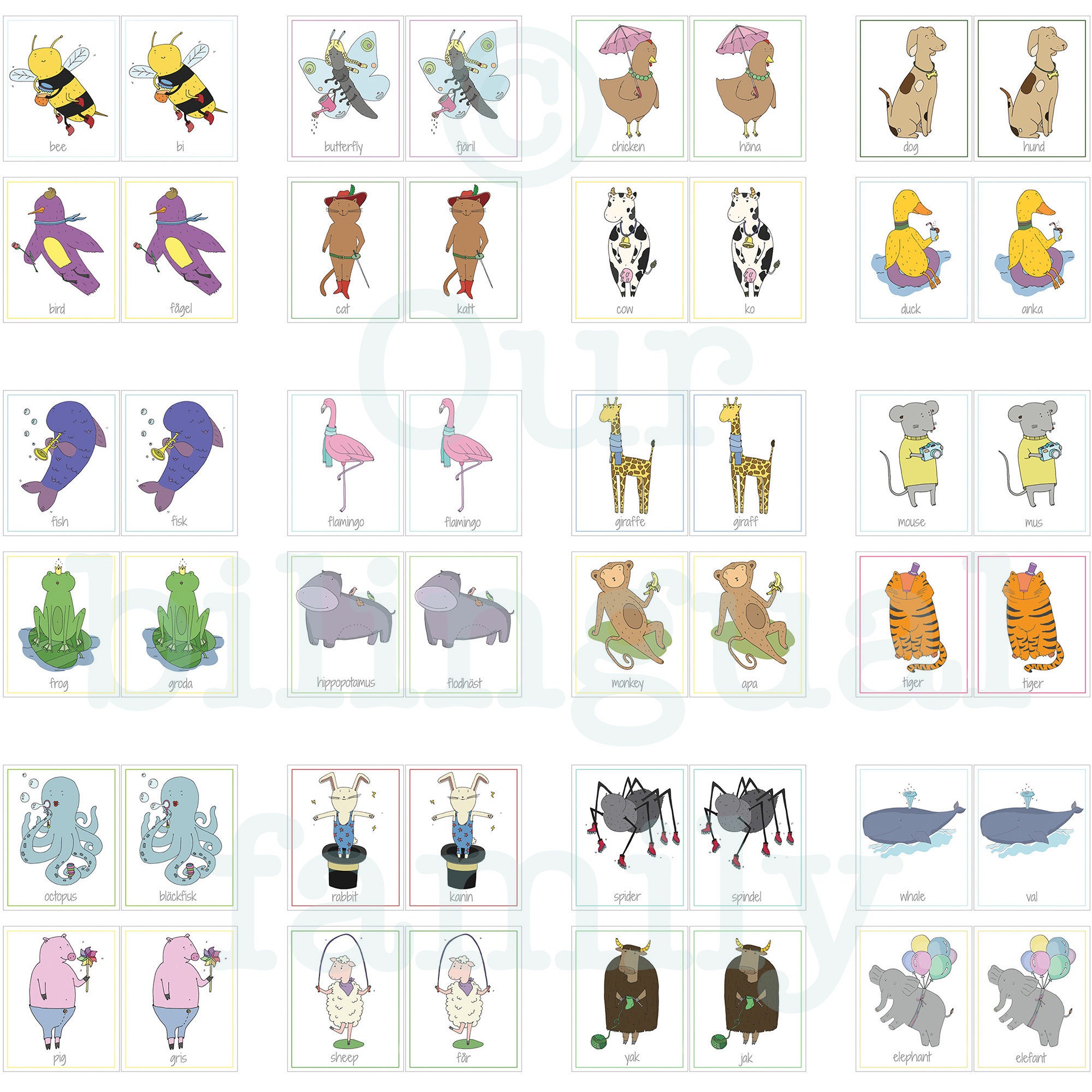 English Swedish Bilingual Animal Flash Cards, Printable Games ...