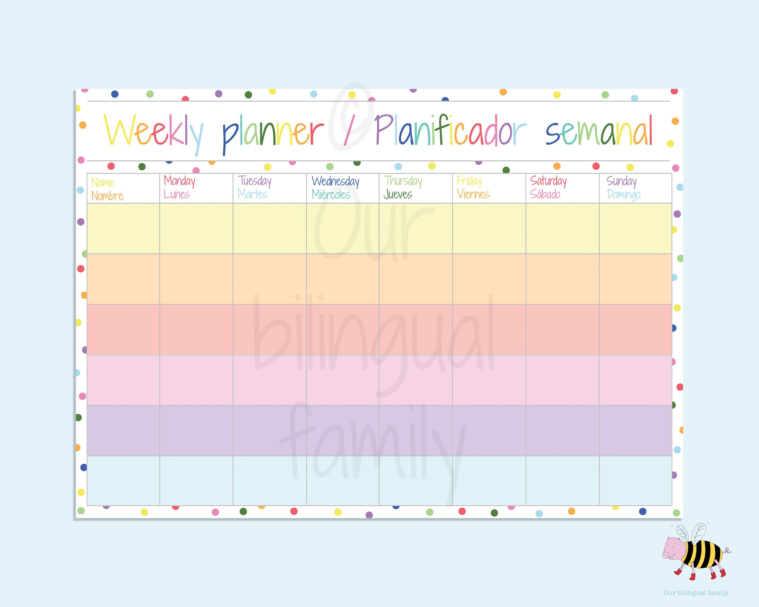 Planificador semanal bilingüe en español inglés, calendario, descarga ...