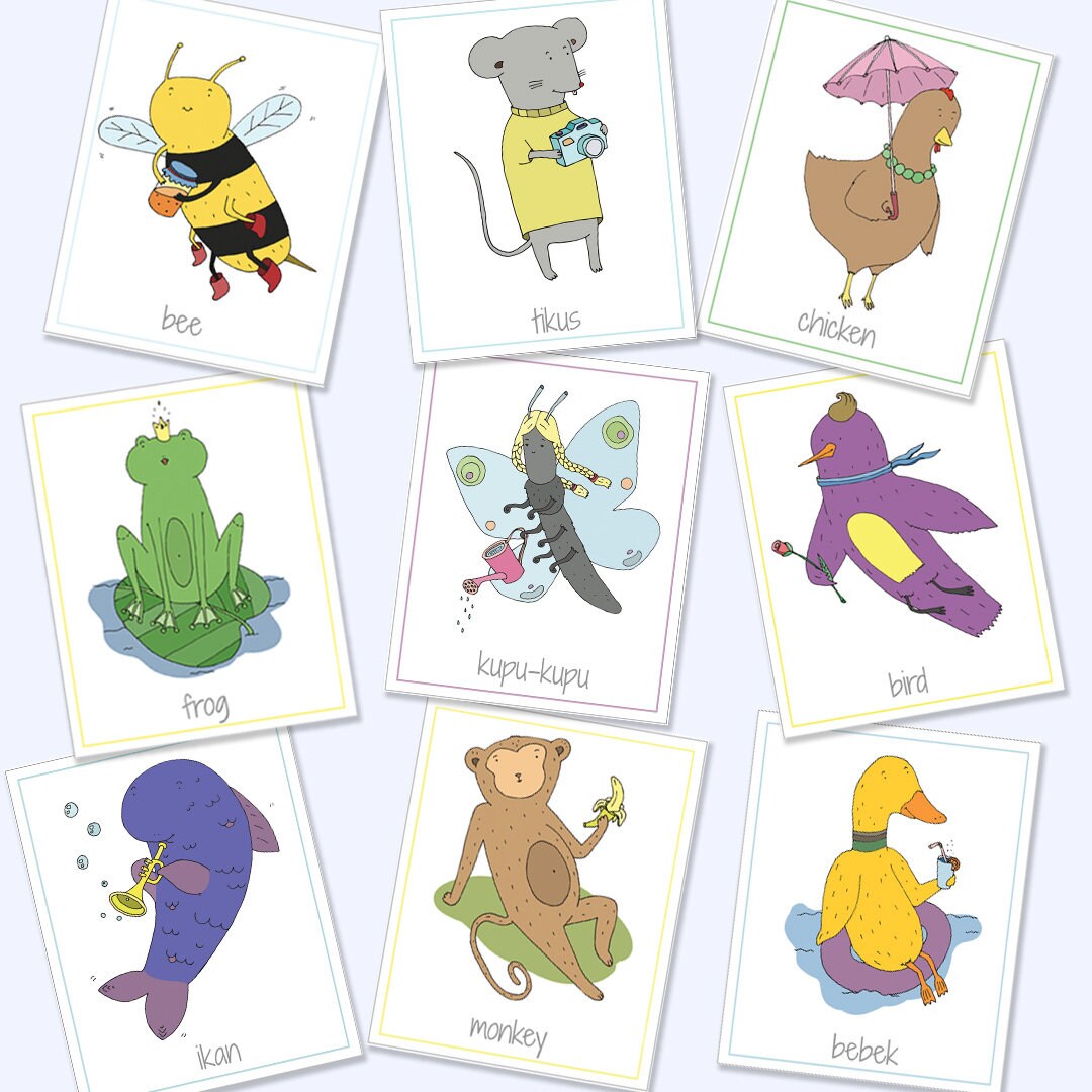 English Indonesian Bilingual Animal Flash Cards, Printable Games ...