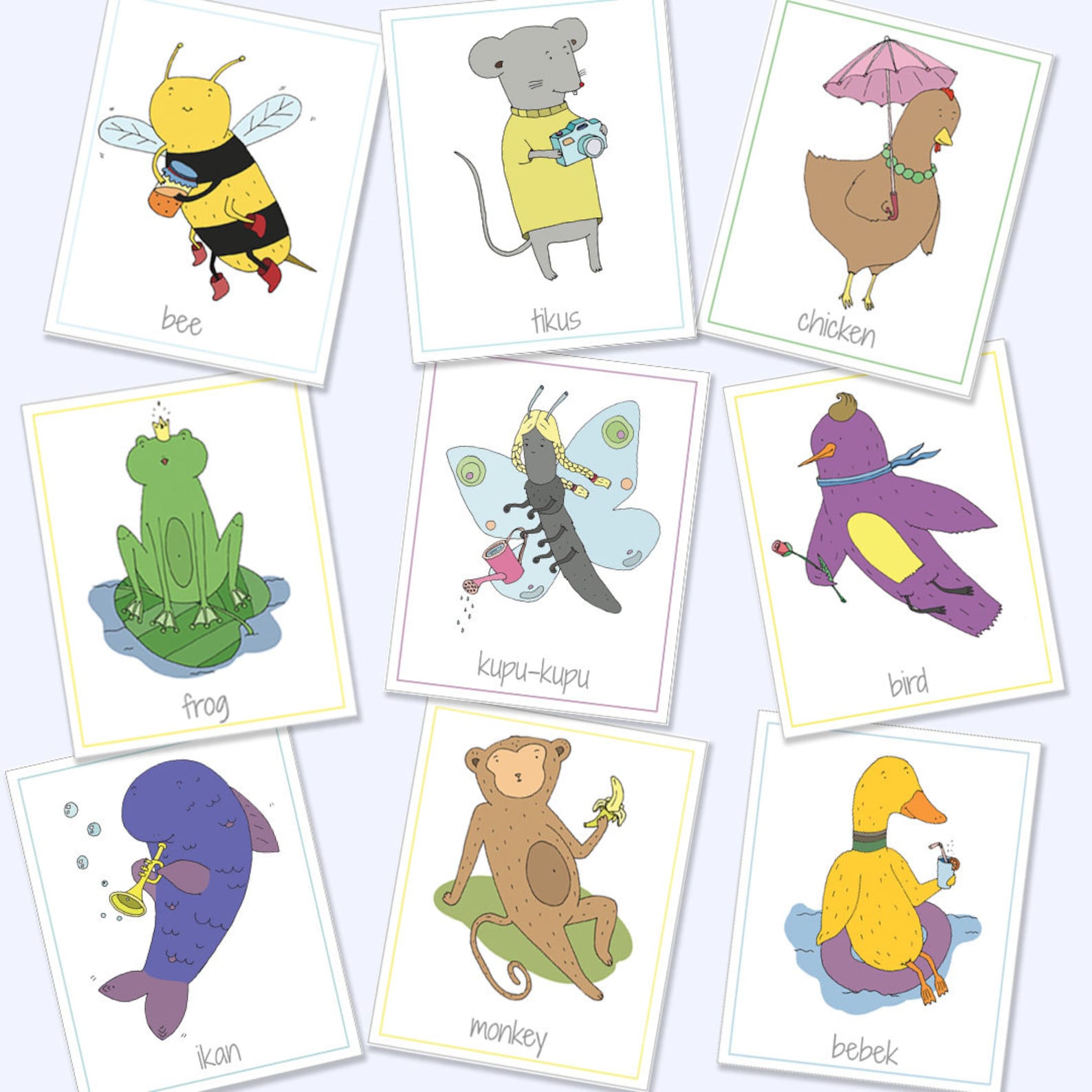 English Indonesian Bilingual Animal Flash Cards (digital Download ...