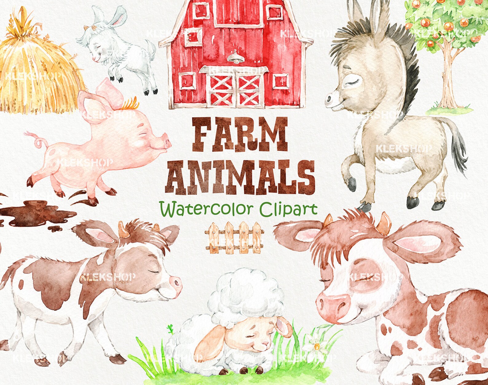 Watercolor Farm Animals Clipartfarm Clip Art | Etsy Australia