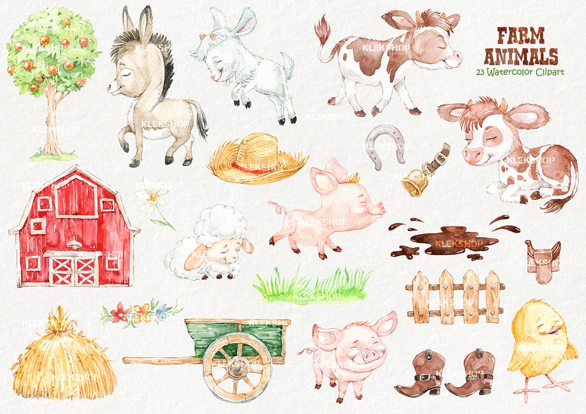 Watercolor Farm Animals Clipartfarm Clip Art | Etsy Australia