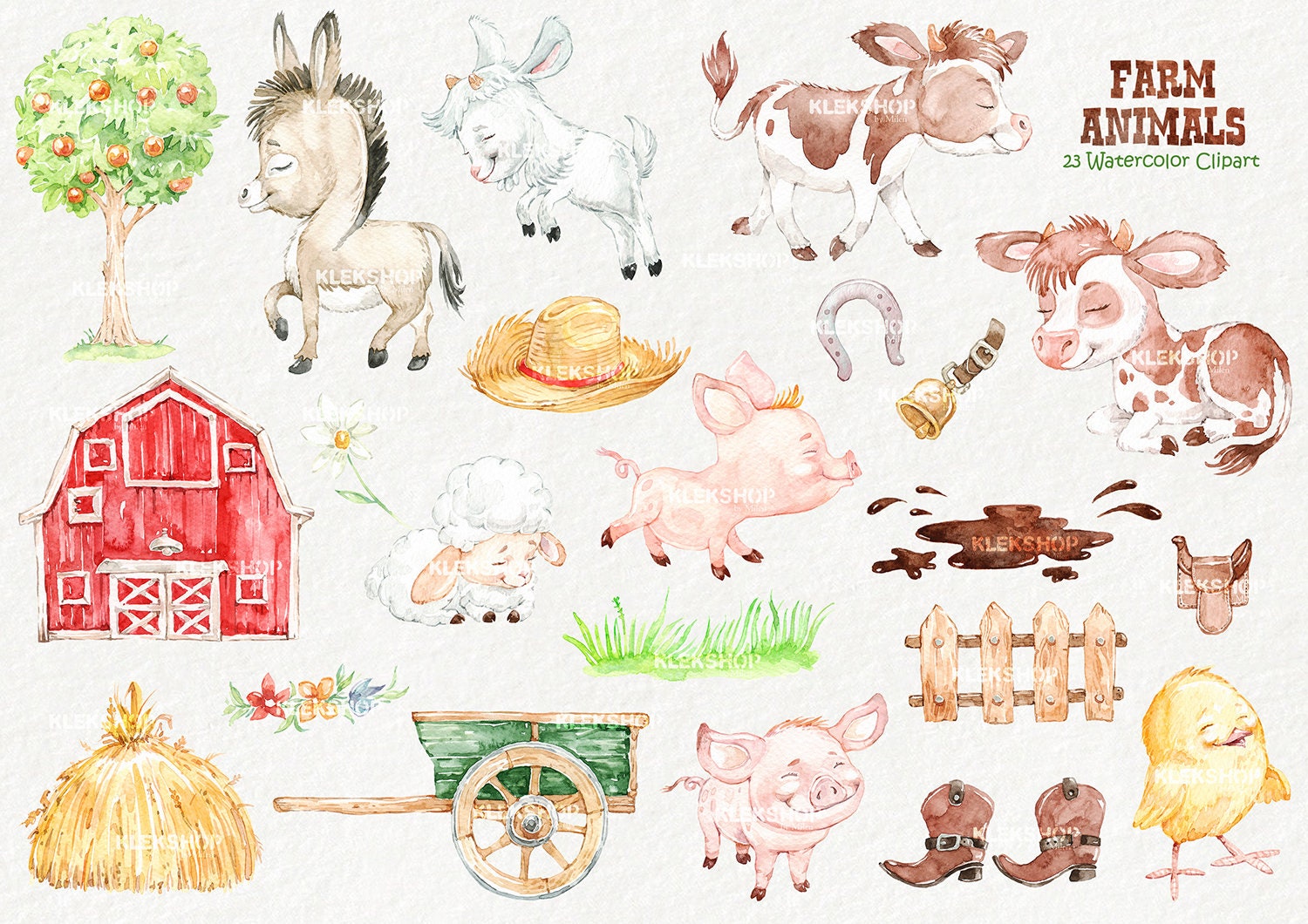 Watercolor Farm Animals Clipartfarm Clip Art | Etsy Australia