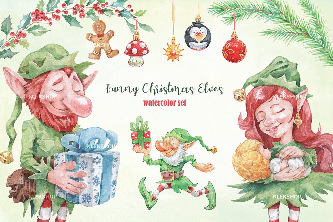Christmas Clipart,watercolor Clipart,funny Christmas Elves,christmas ...