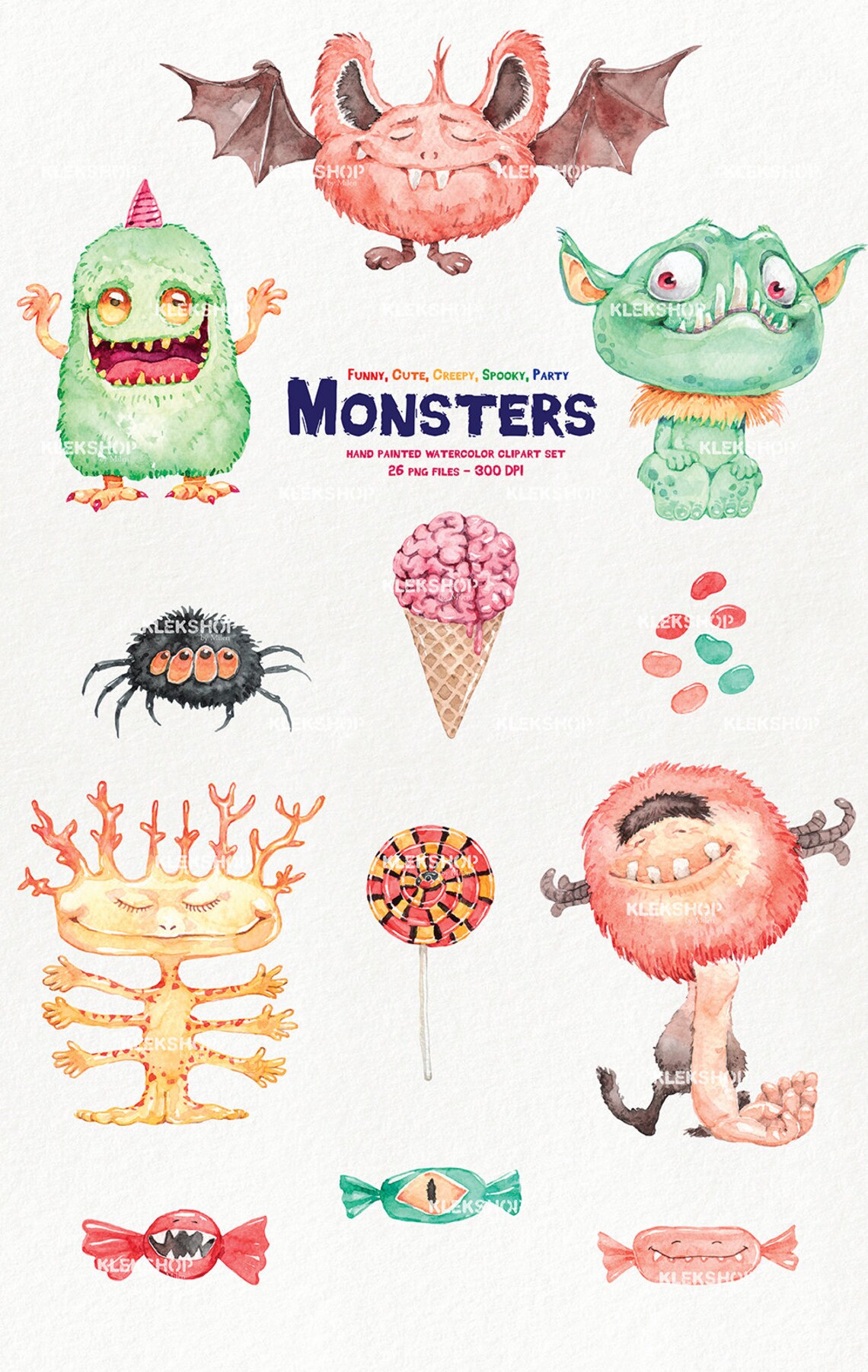 Watercolor Monsters Clipart Halloween Clipart Watercolor | Etsy