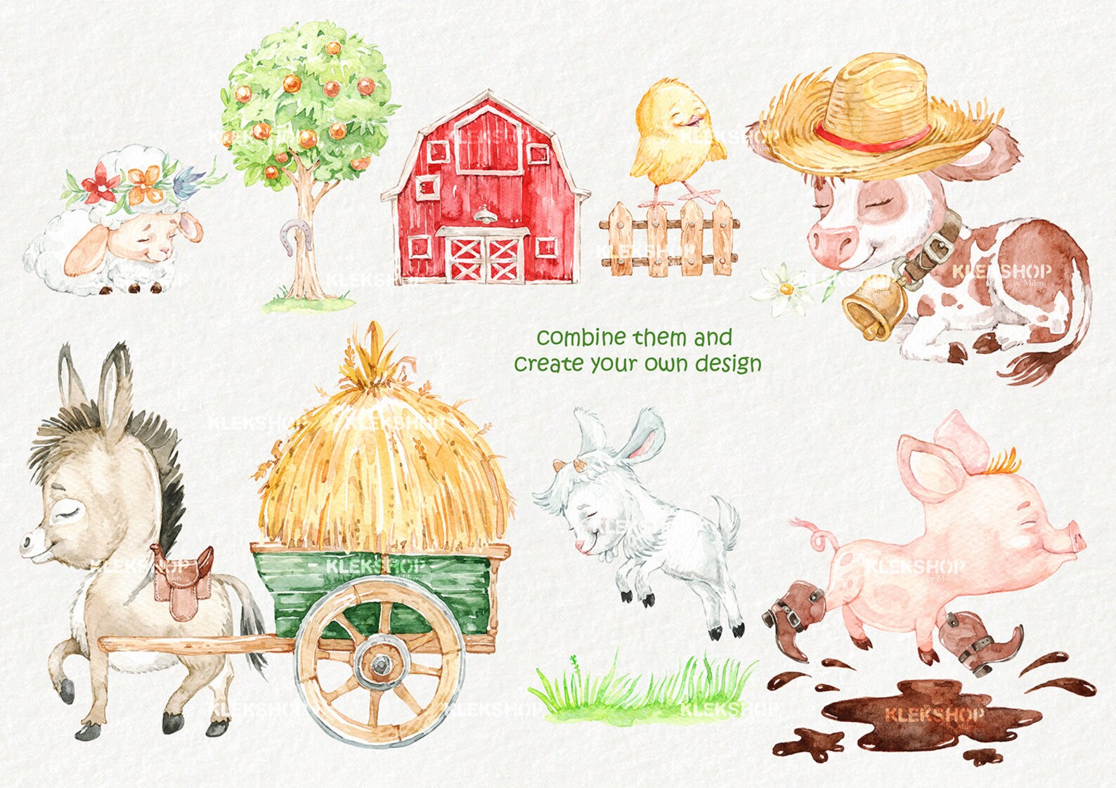 Watercolor Farm Animals Clipartfarm Clip Art | Etsy Australia