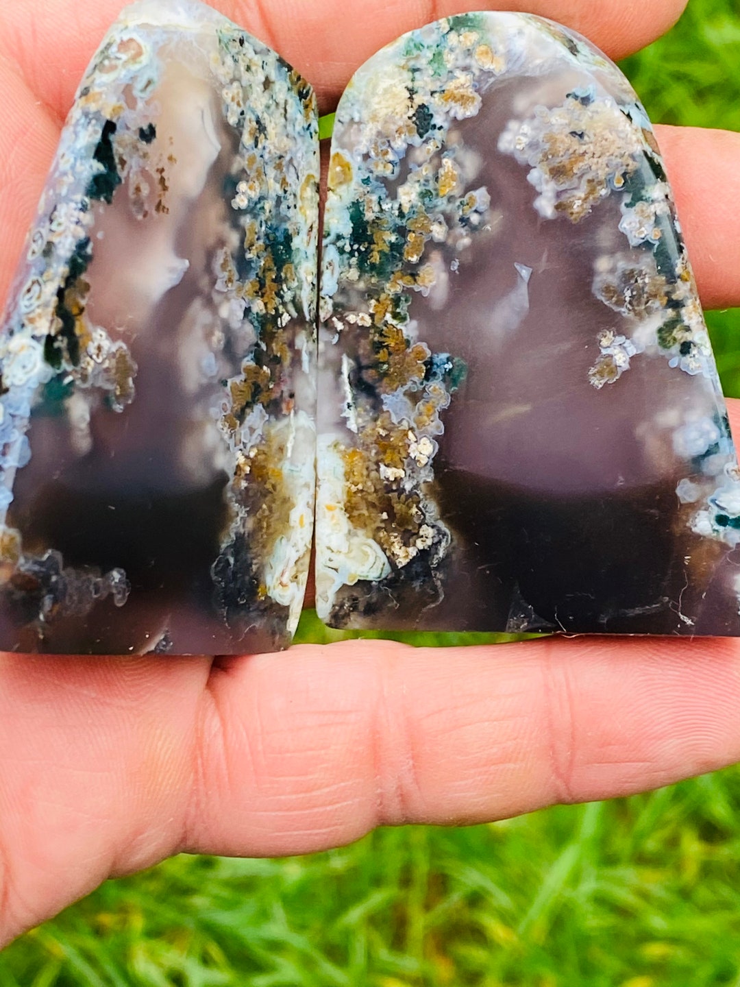 Pair of Plume and Moss Agate Rough Slabs & Moss Agate Crystal, Rare ...