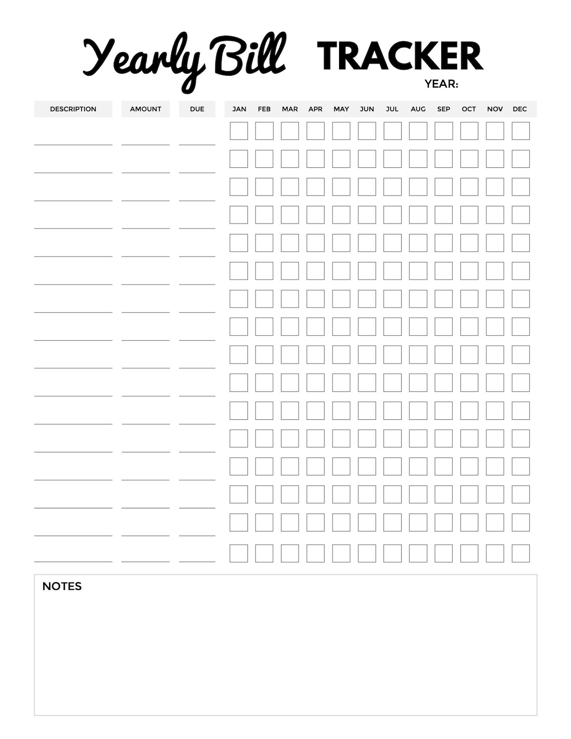 Yearly Bill Tracker Printable Payment Annual Expense Planner | Letter ...