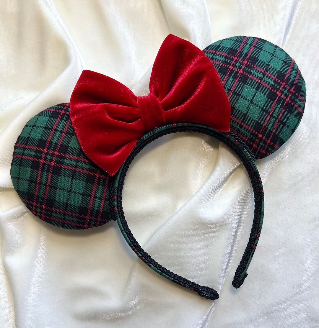 Christmas Green Plaid & Red Velvet Bow Inspired Mouse Ears, Disney Ears ...