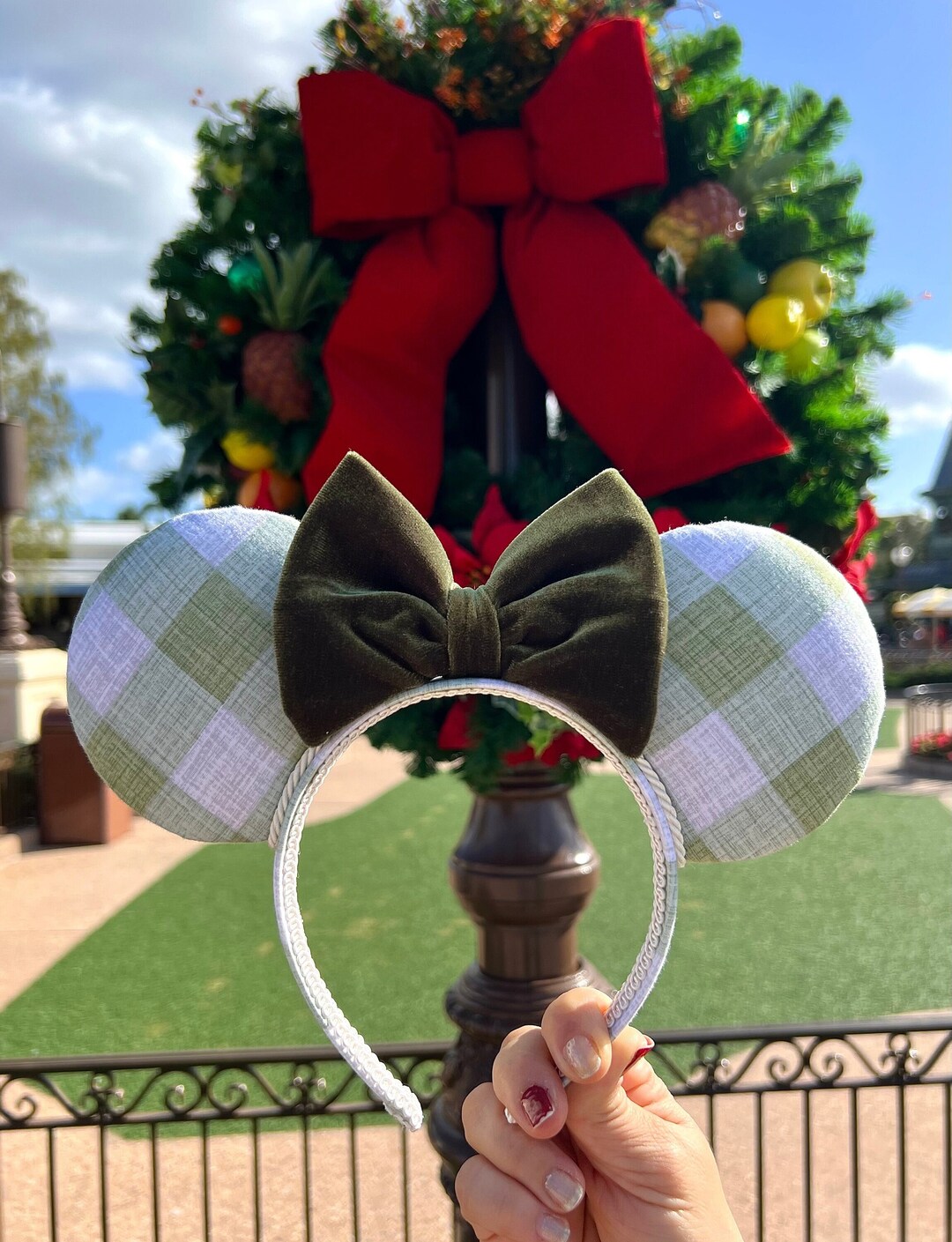 Green Plaid & Velvet Bow Mouse Ears, Disney Ears, Minnie Ears, Mickey ...