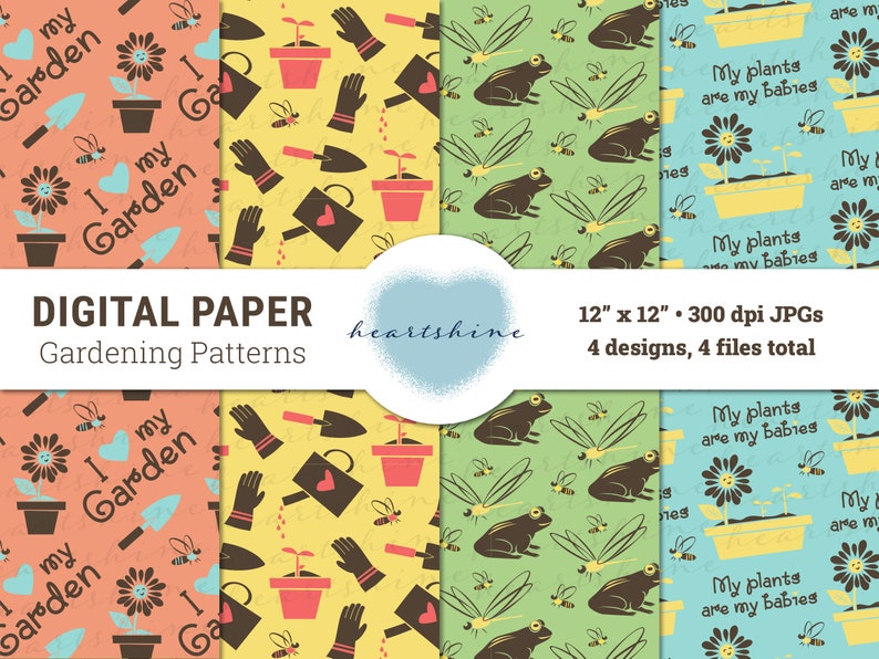 Gardening Patterns Digital Paper | Cute Cheery Flowers Pots Gloves ...