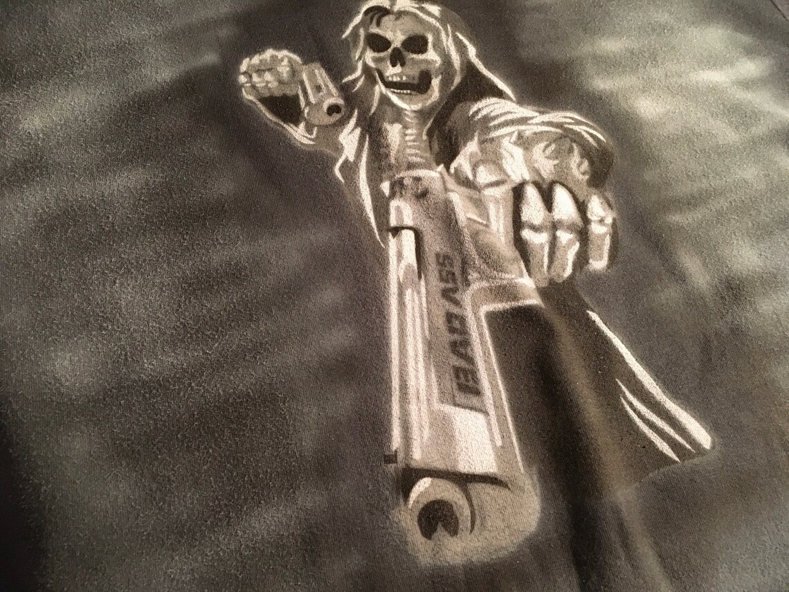 Bad Ass Hooded Skeleton Holding 2 45s Airbrushed Black Large Etsy