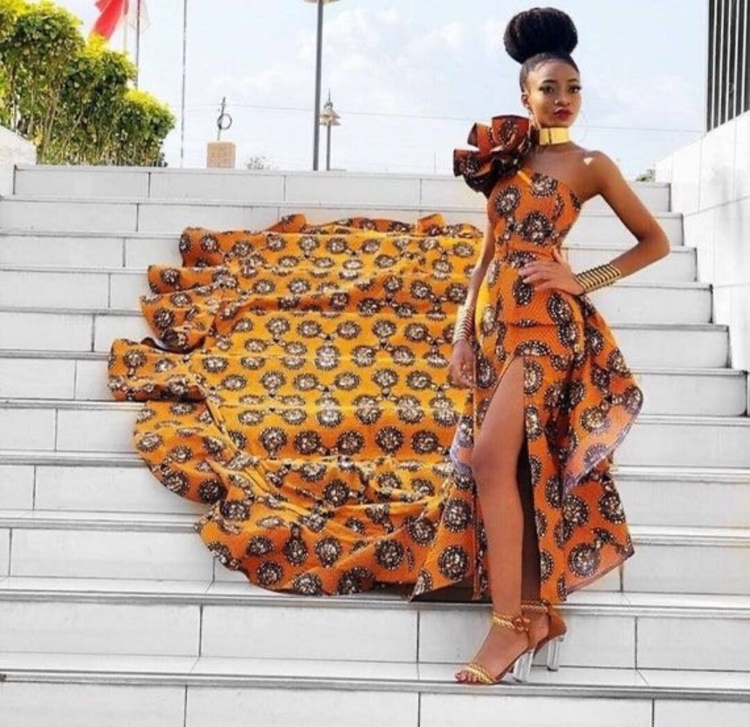 African Wedding Train Dress , African One Shoulder Dress , African ...