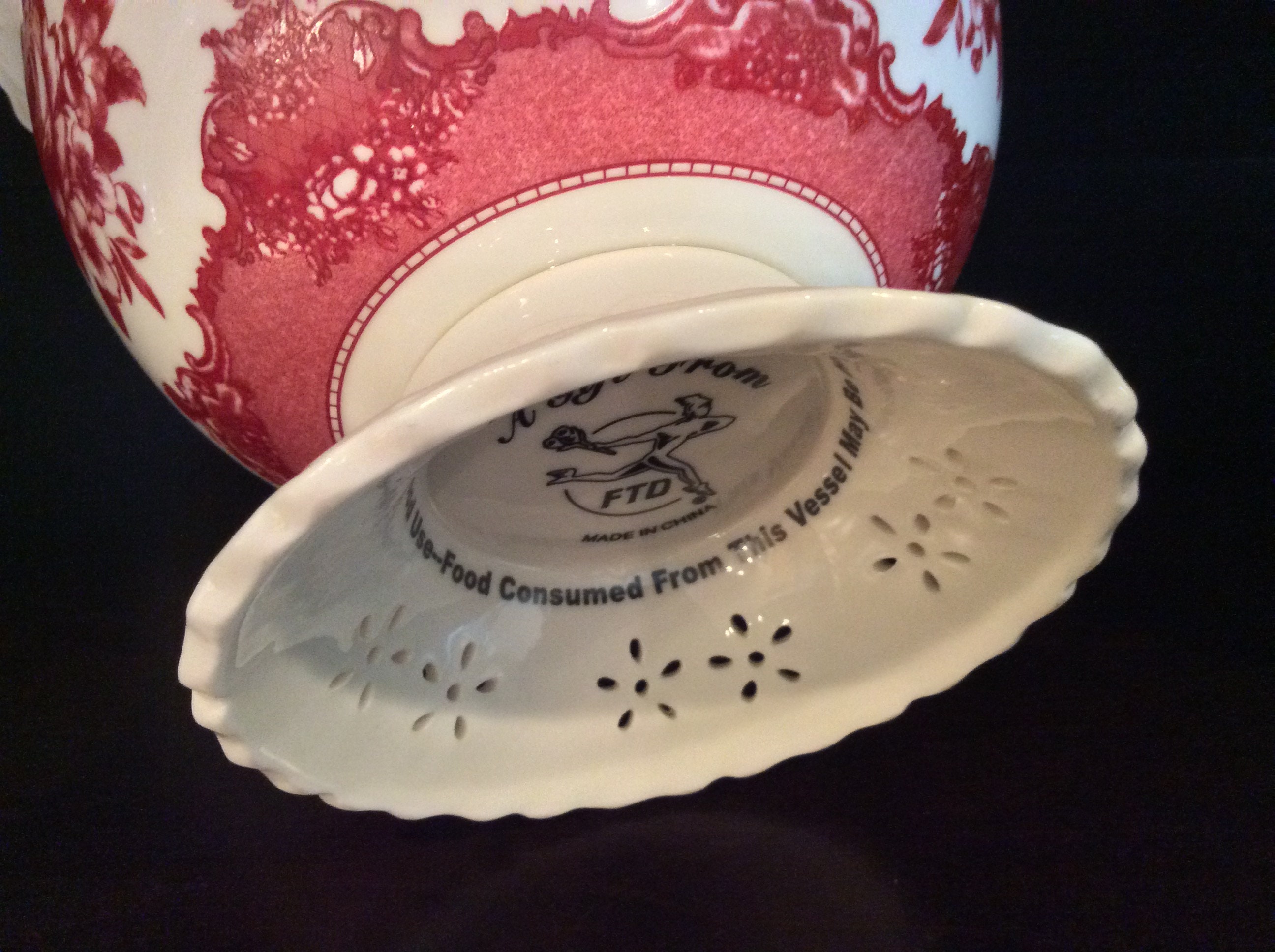 Vintage FTD Footed Bowl With Red Rose Floral Toile Design, Scalloped ...