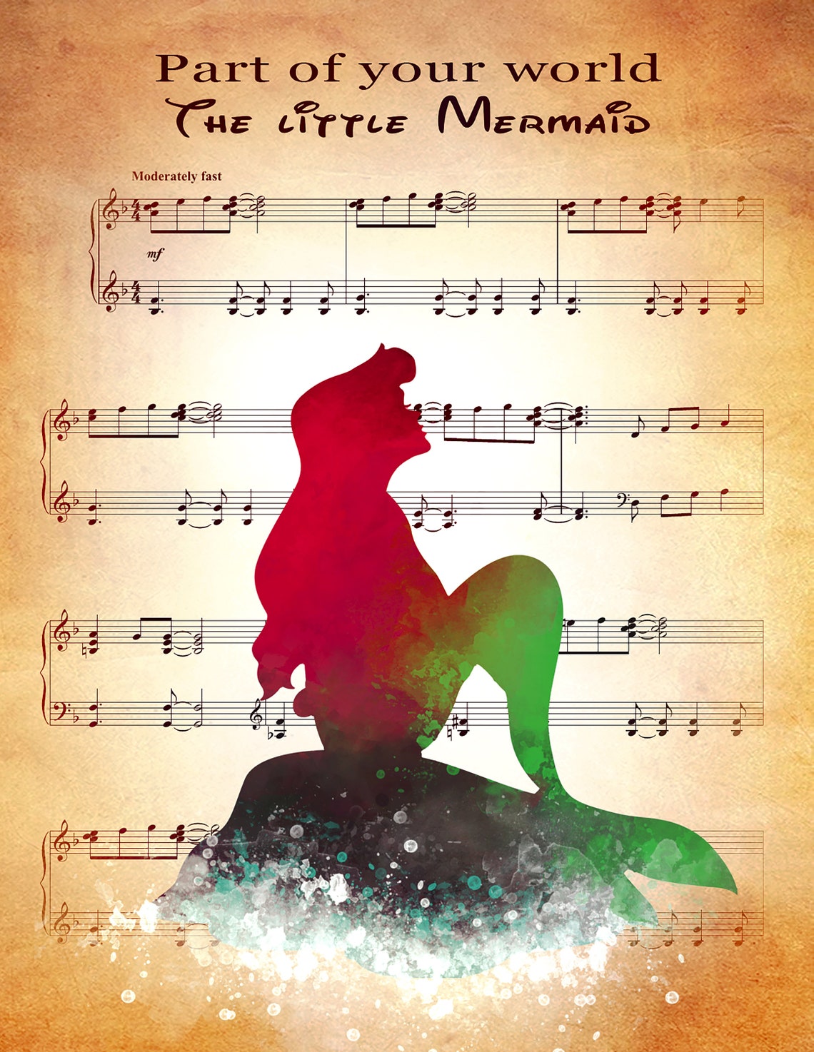 The Little Mermaid Music Sheet Splash Artwork Disney Art | Etsy