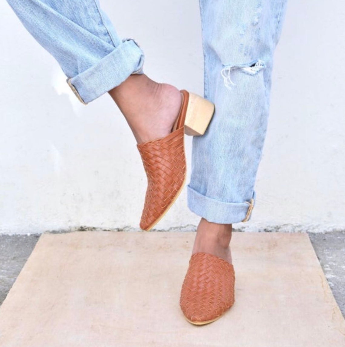 Milana Wooden Block Mules, Handmade Leather Mules, Hand Woven Mules ...
