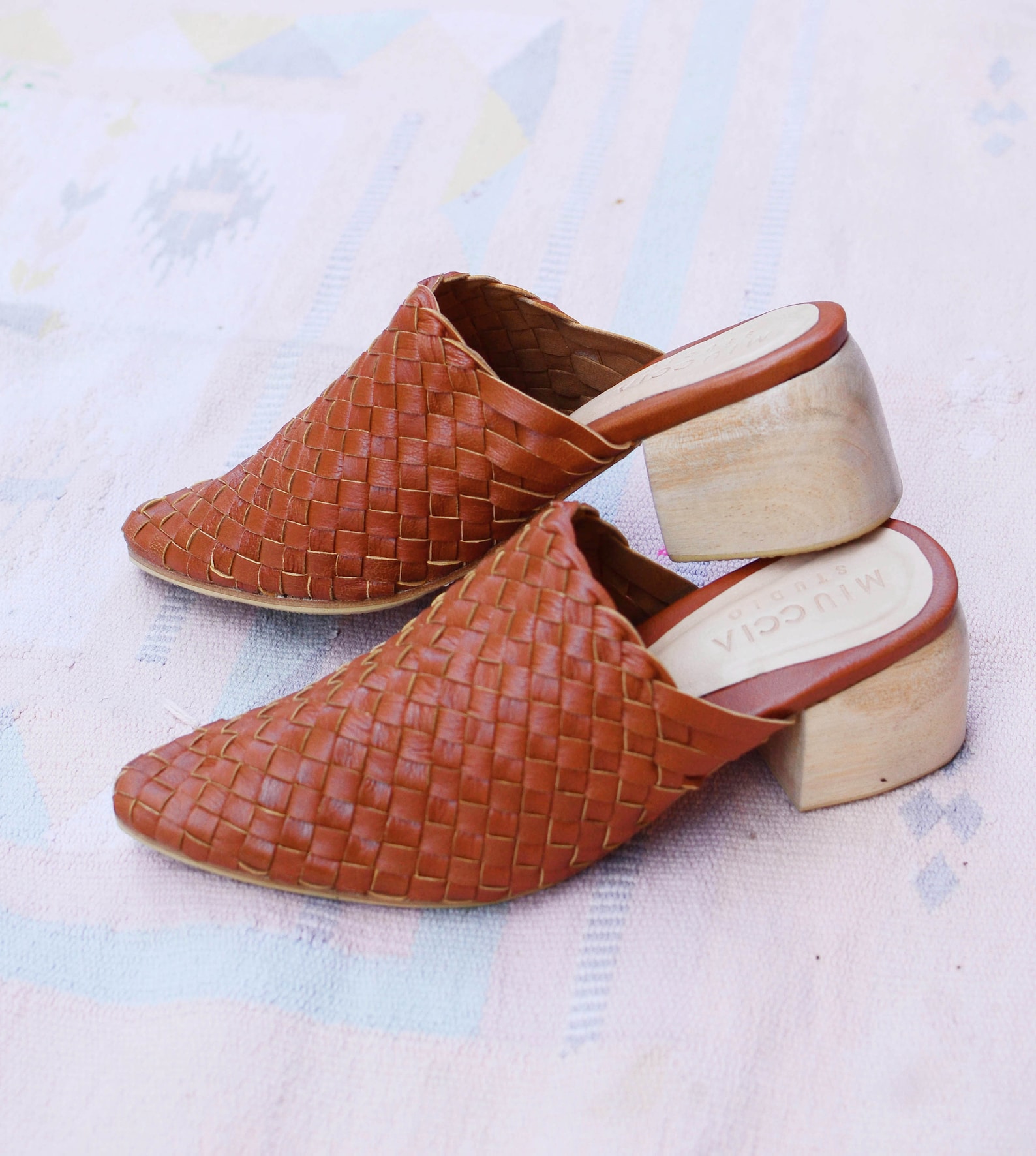 Milana Wooden Block Mules, Handmade Leather Mules, Hand Woven Mules ...