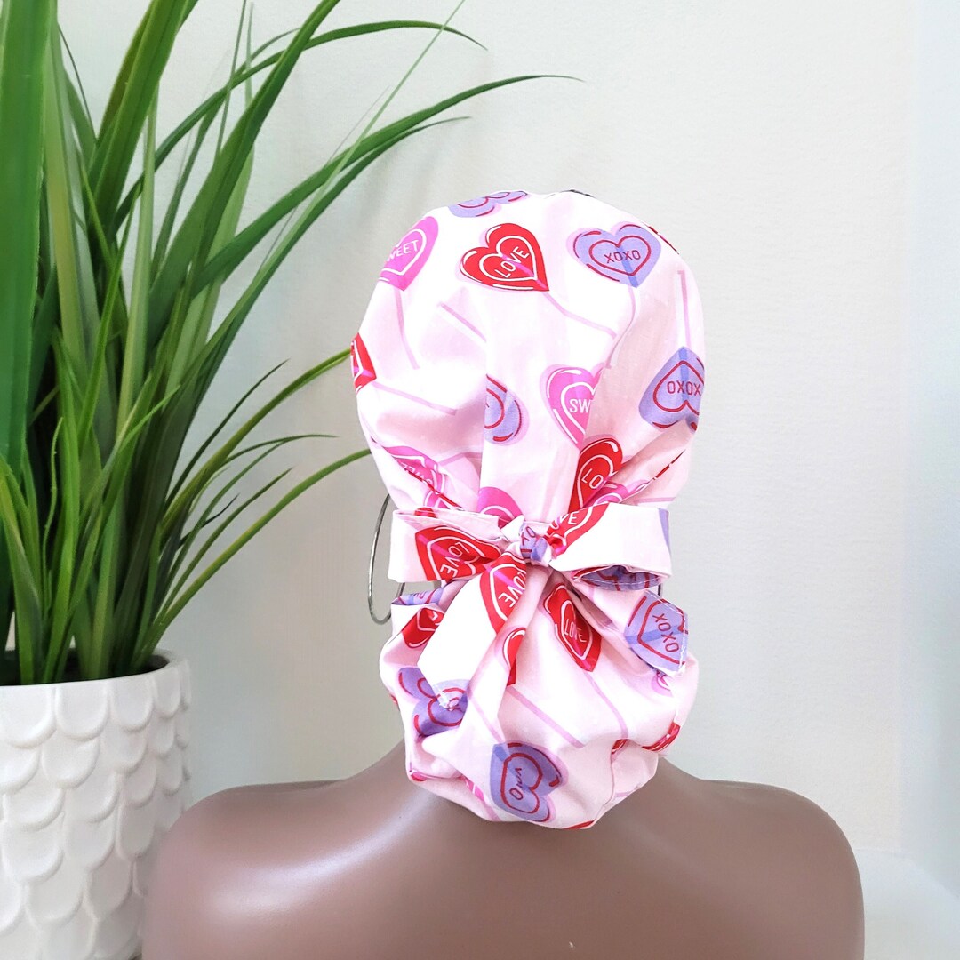 Lollipop Hearts Satin Lined Ponytail Scrub Hat, Protect Hair W/satin ...