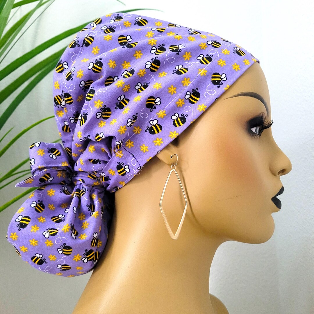 Small,bee Print Satin Lined Scrub Hat: Purple Ponytail Cap Protect Hair ...