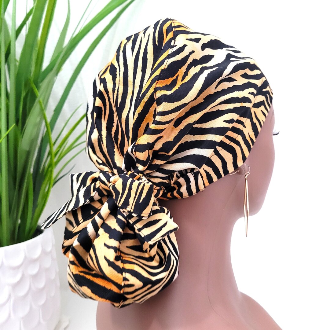 Tiger Print Satin Lined Ponytail Scrub Hat: Nurse Surgical Cap - Etsy