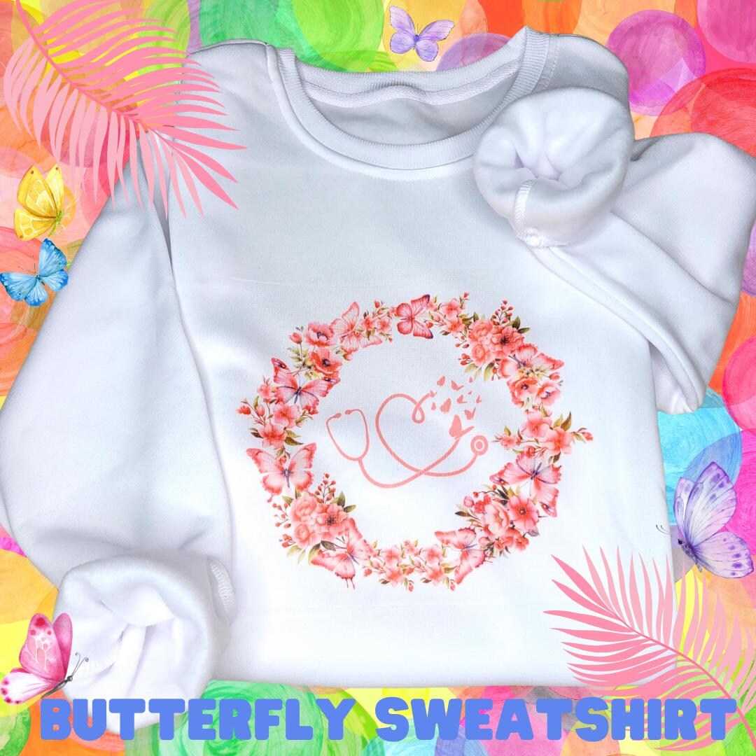 Butterfly Stethoscope Sweatshirt, Nurse Doctor Gift, Polyester Crewneck ...