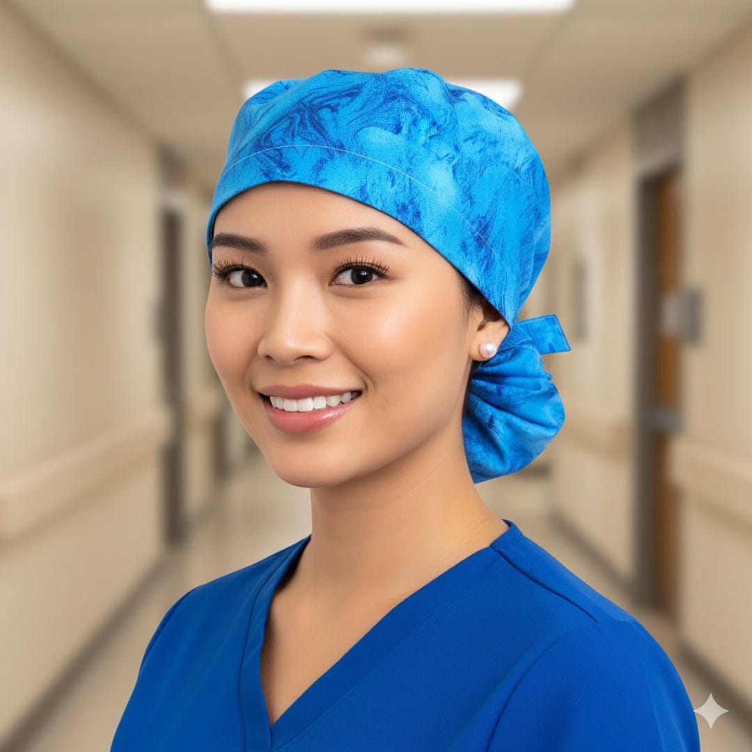 Blue Tie Dye W/paint Brush Design, Satin Lined Ponytail Scrub Hat ...