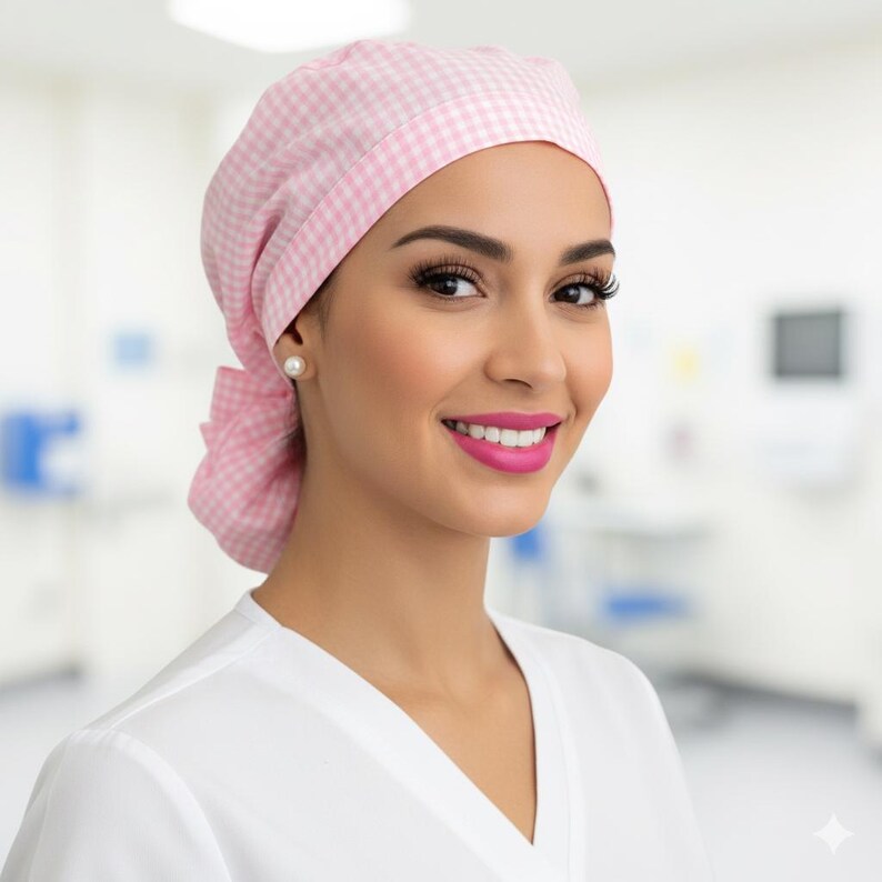 Pink Gingham Ponytail Scrub Hat: Satin Lined Nurse Cap Protect Hair ...