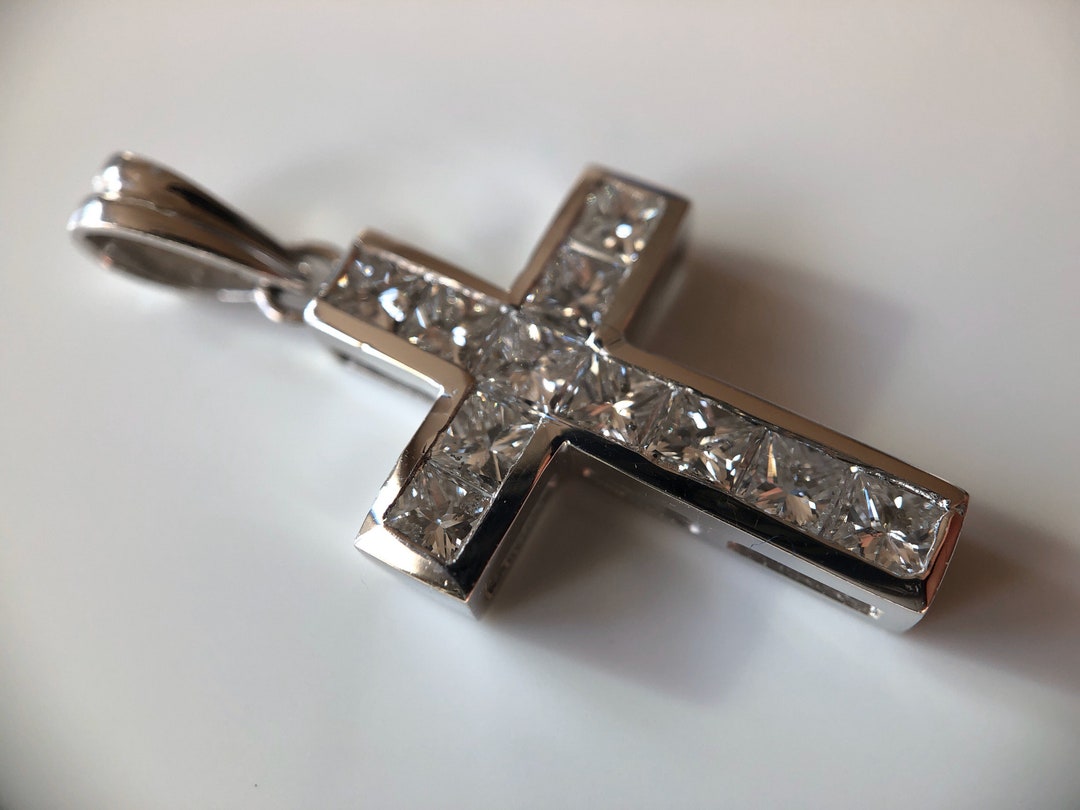 14k Solid White Gold and Diamond Cross - Etsy