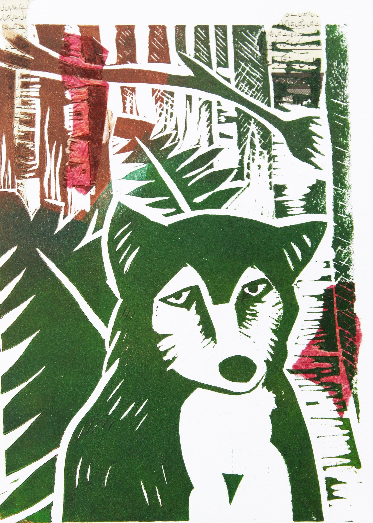 Lone Wolf Original Linocut Print. Green and Red on White | Etsy