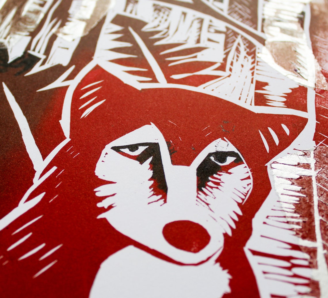 Lone Wolf Original Linocut Print. Red on White Paper with | Etsy