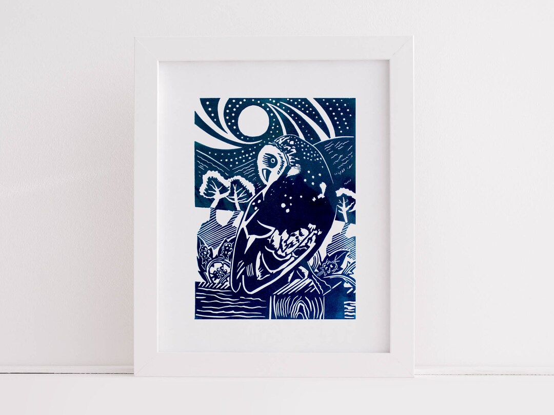 A4 Tranquil Welsh Owl Linocut Print, Rustic Blue Wall Art, Nature Lover ...