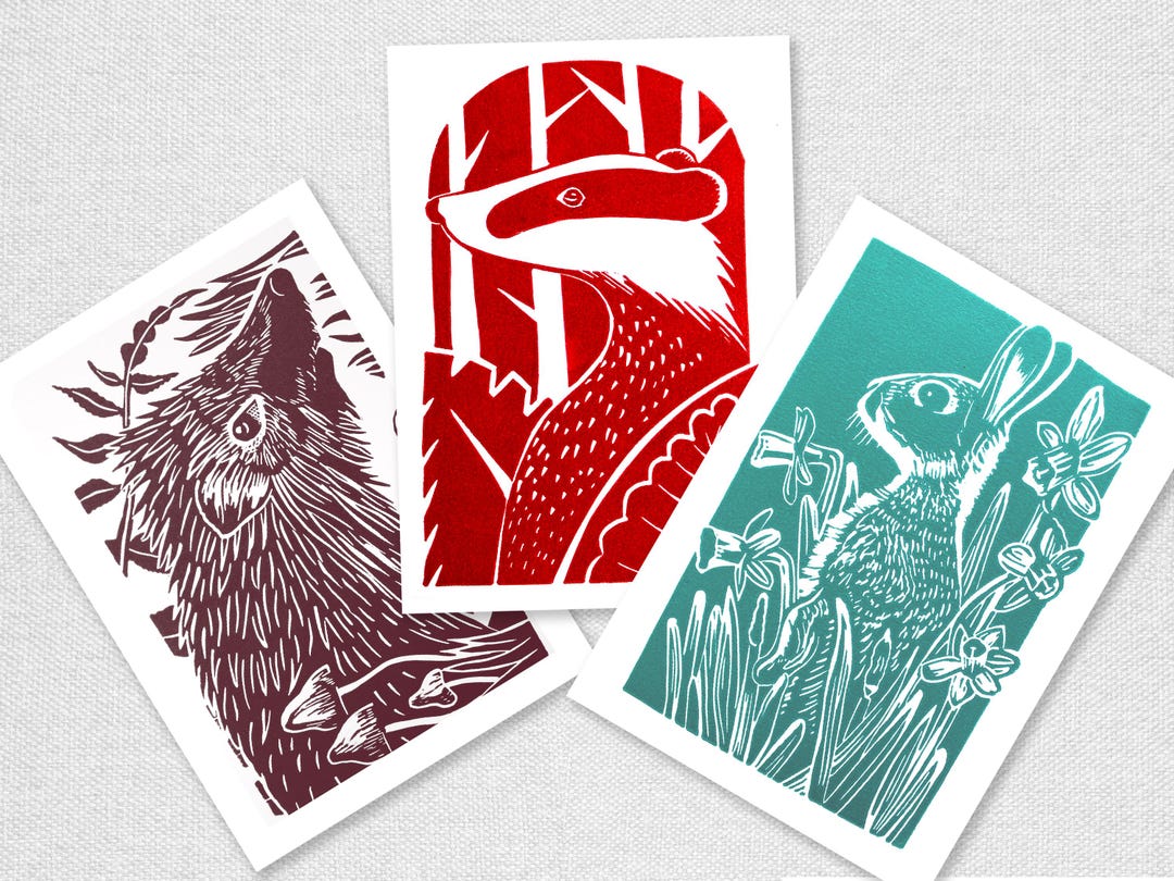 Pack of 3 Linocut Greetings Cards Featuring a Rabbit, Badger and ...