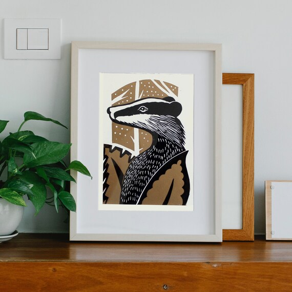 Framed Badger Linocut Art & Collectibles Wood & Linocut Prints etna.com.pe
