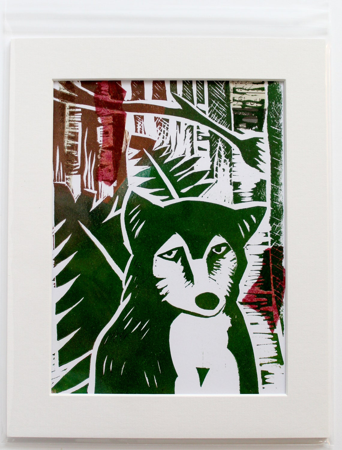 Lone Wolf Original Linocut Print. Green and Red on White | Etsy