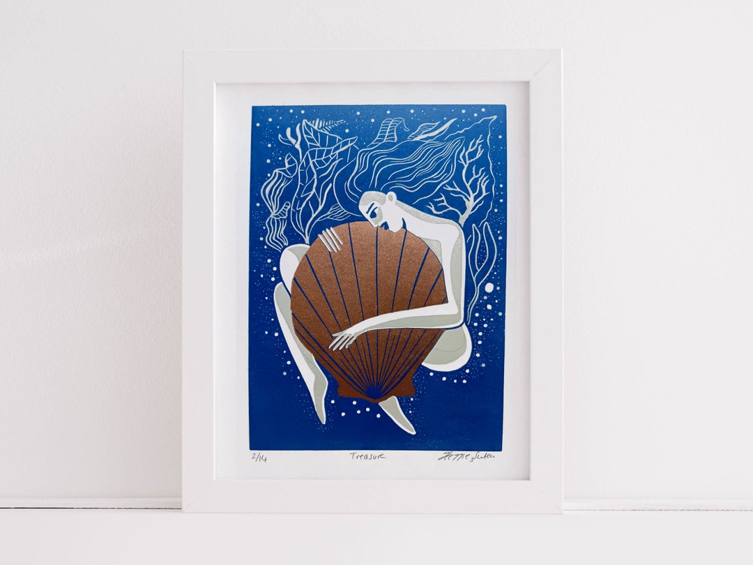 Treasure, Limited Edition Linocut Print of a Woman and a Shell in the Deep Ocean limited Edition ...