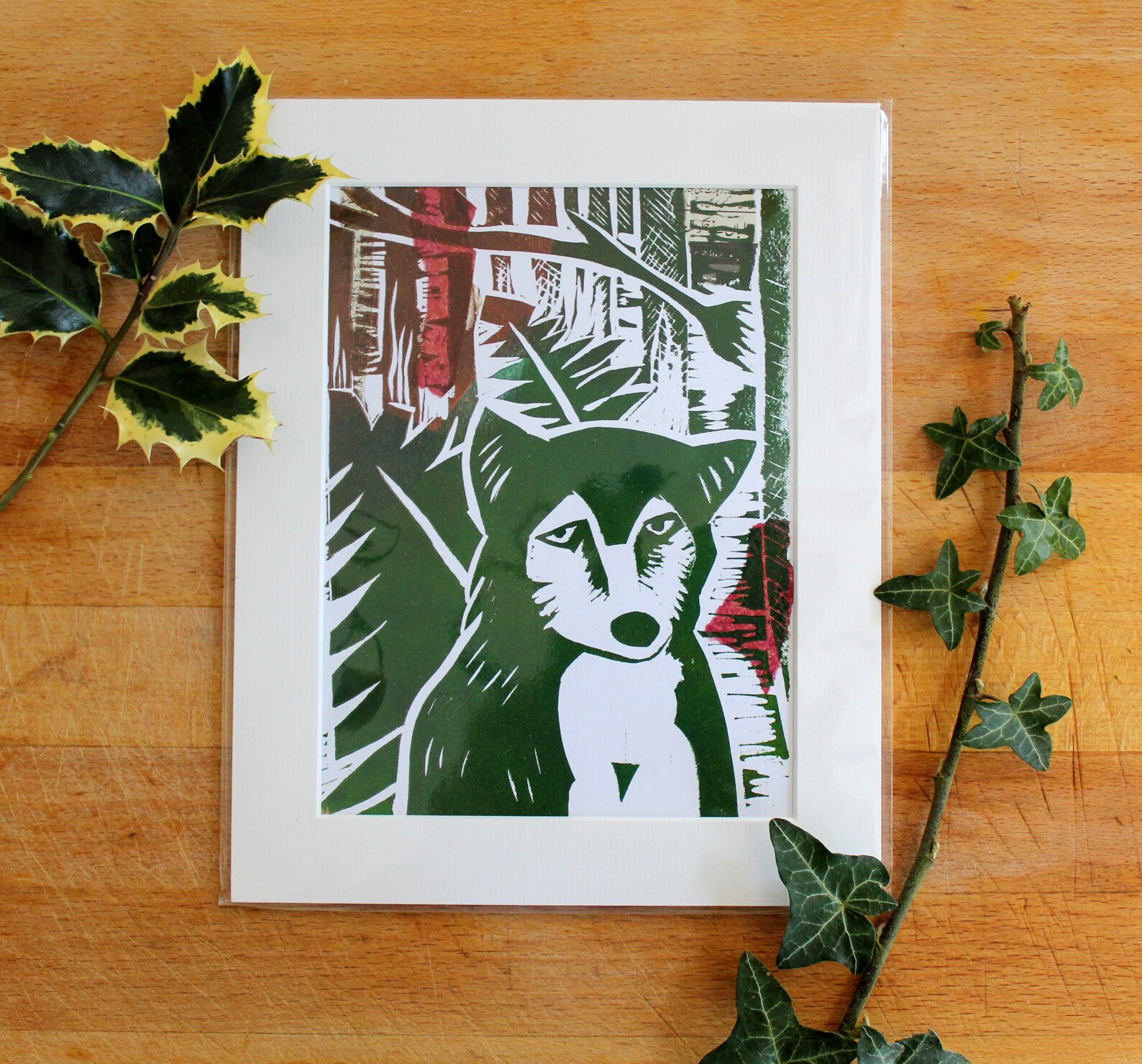 Lone Wolf Original Linocut Print. Green and Red on White | Etsy