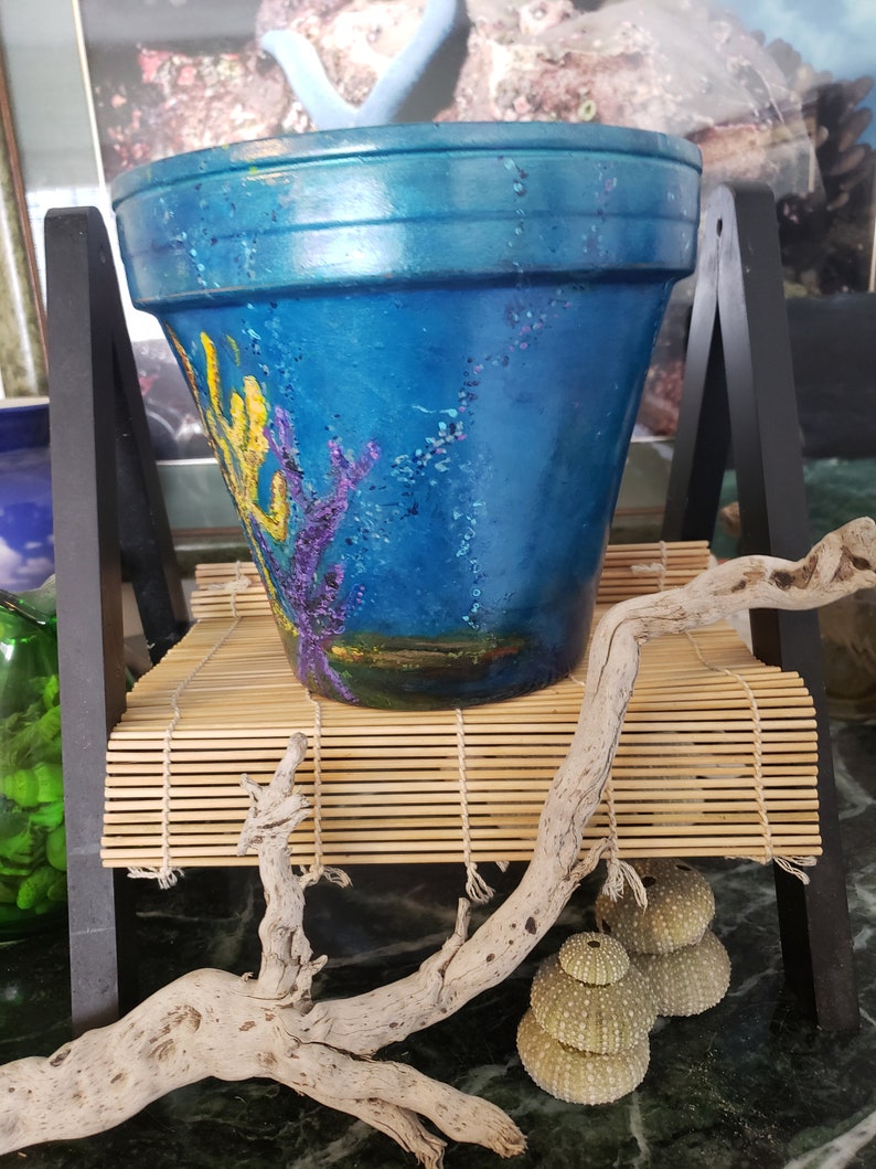 Hand Painted Flower Pot, Coral Reef, Under-the-sea, Vibrant Blue, Coral ...