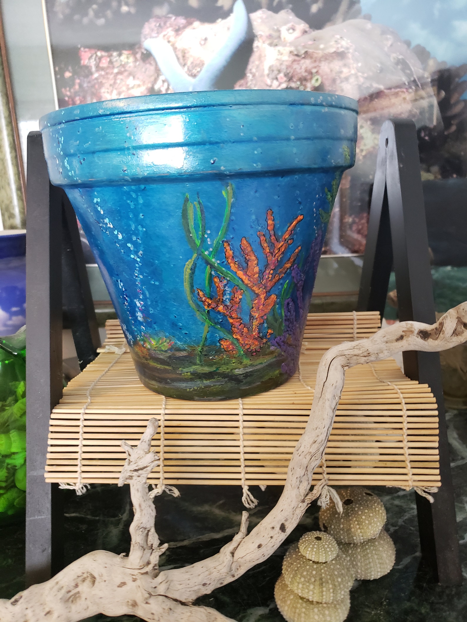 Hand Painted Flower Pot, Coral Reef, Under-the-sea, Vibrant Blue, Coral ...