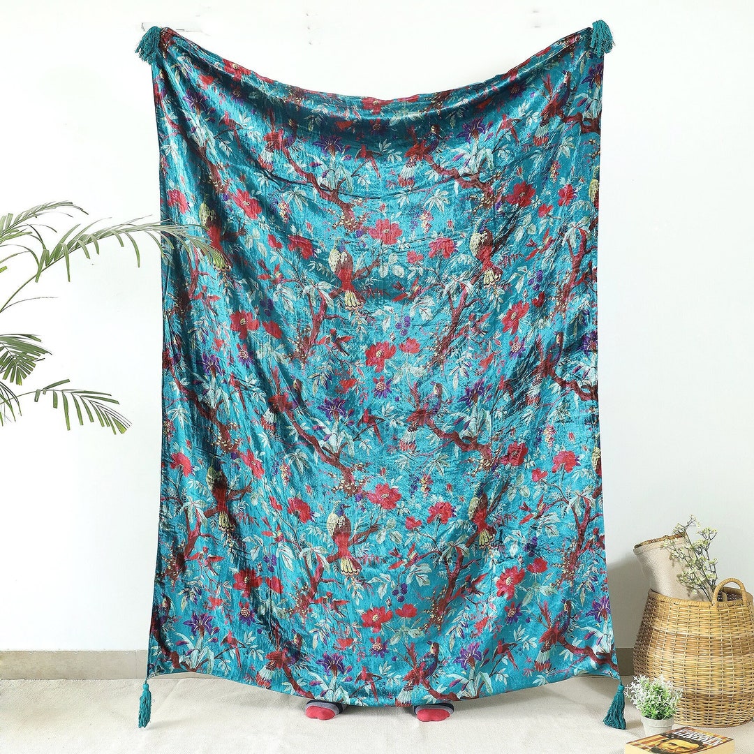 Teal Blue Bird Velvet Throw Blanket With Tassels Soft Velvet Boho Sofa ...