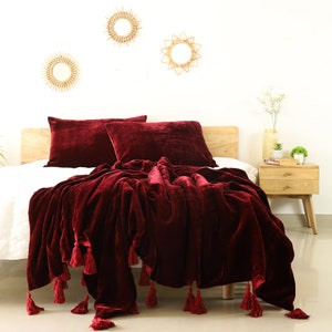 Red Maroon Velvet Bedspread Velvet Throw Blanket With Handmade Knotted ...