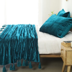 Teal Blue Velvet Bedspread, Velvet Throw Blanket With Handmade Knotted ...