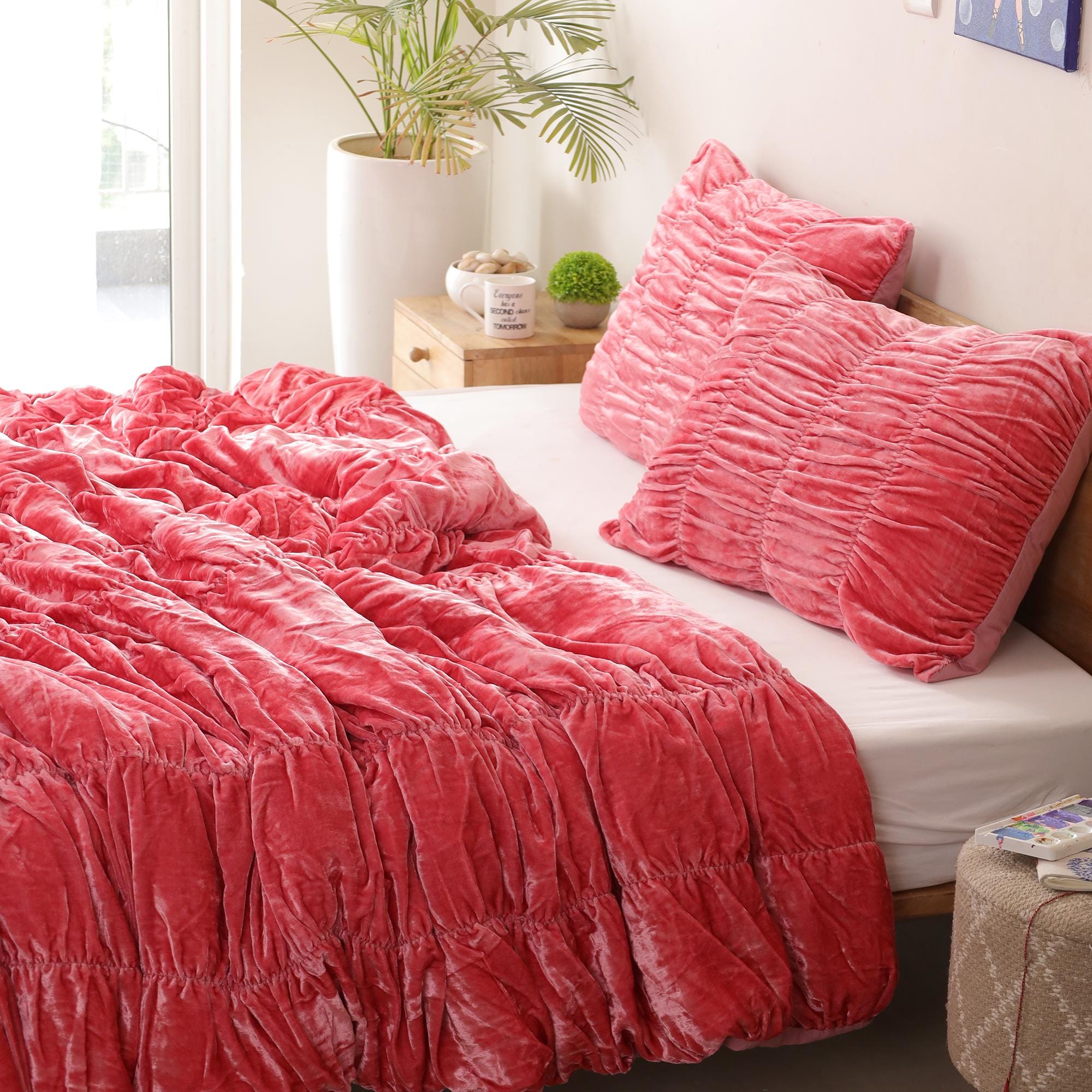 Pink Luxe Velvet Wrinkled Duvet Cover, Boho Bedding Comforter Cover ...