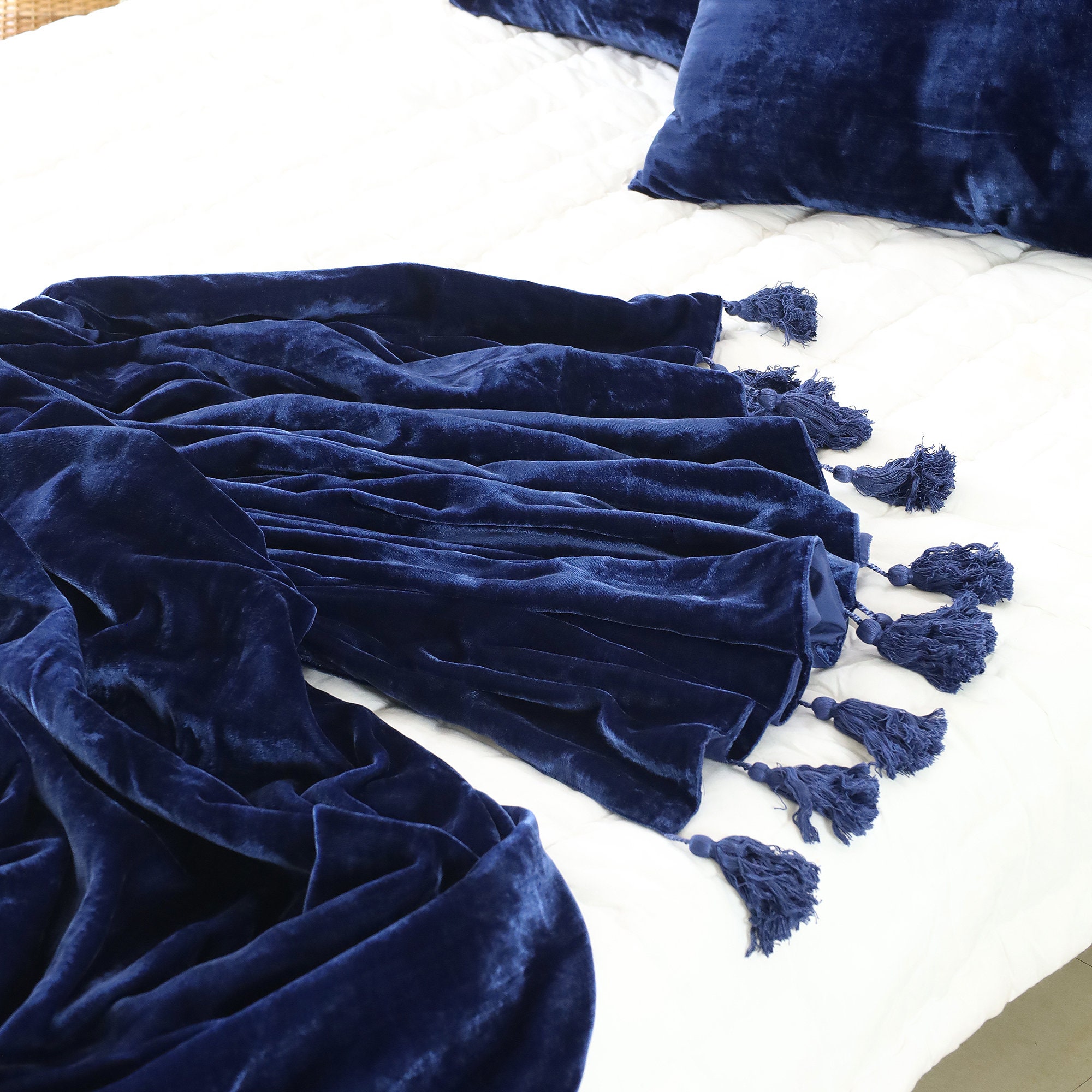 Royal Blue Luxe Velvet Bedspread, Throw Blanket With Handmade Knotted ...