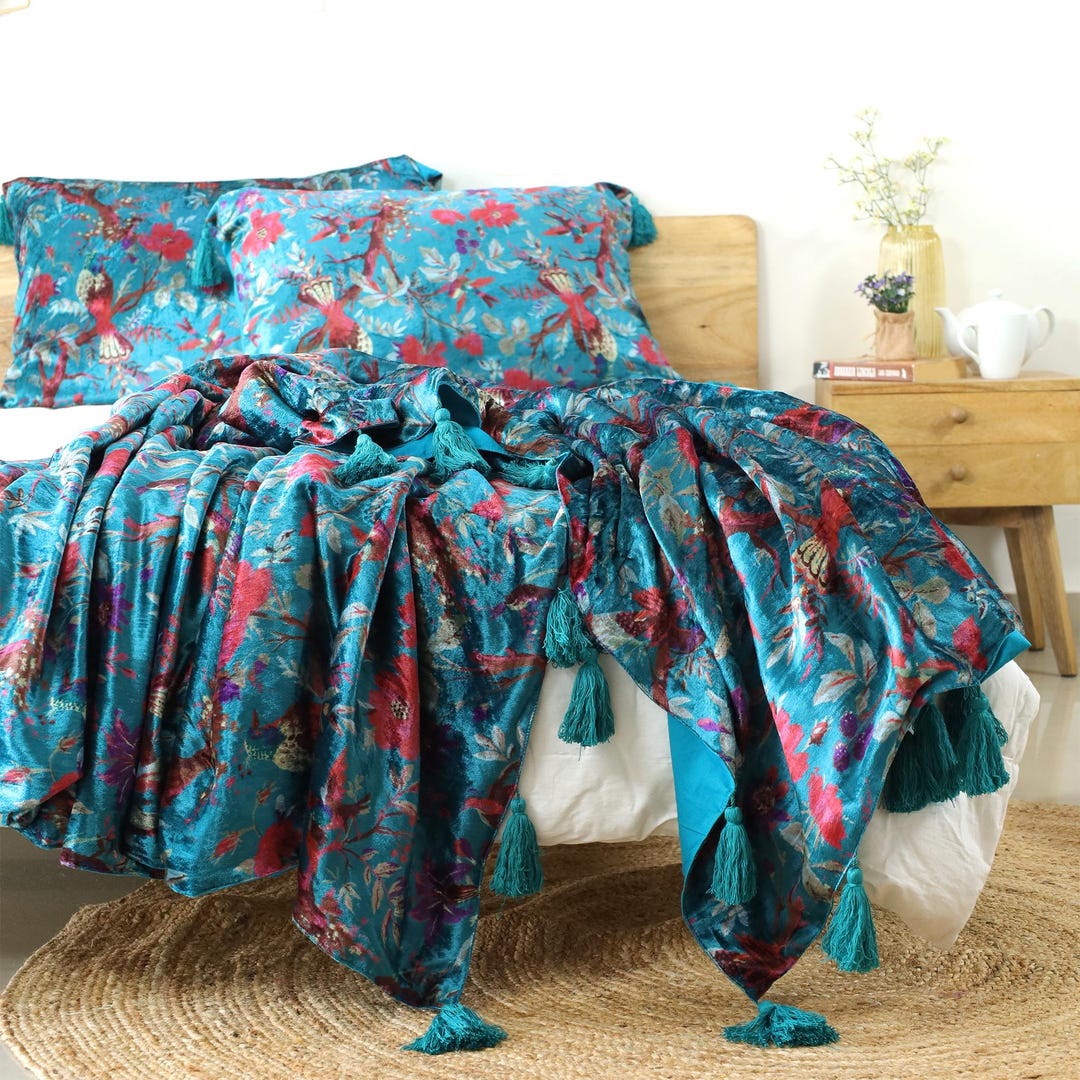 Teal Blue Bird Design Velvet Bedspread, Velvet Throw Blanket With ...