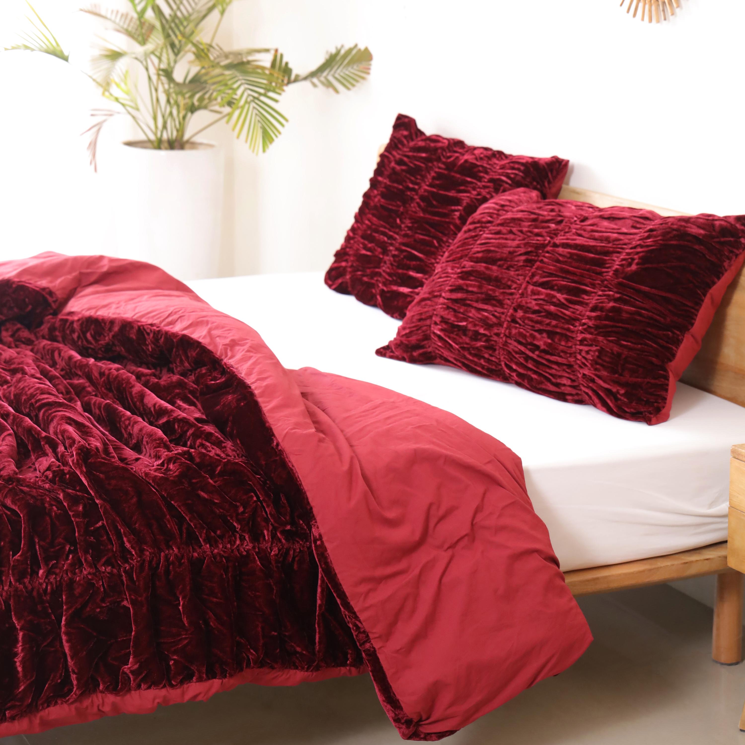 Maroon Luxe Velvet Wrinkled Duvet Cover, Boho Bedding Comforter Cover ...